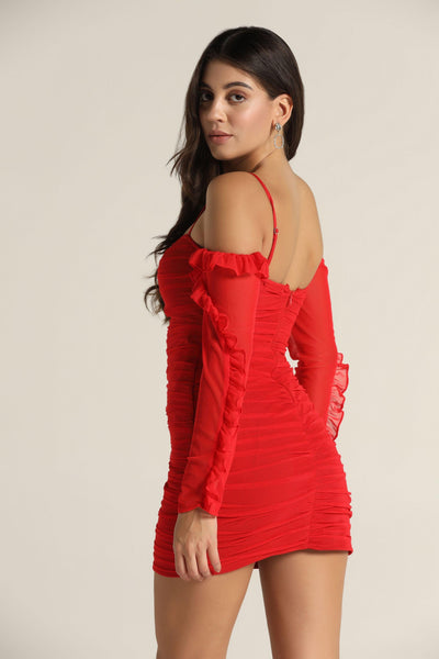 Ruffle Frill Ruched Bodycon Dress - Red – Starin