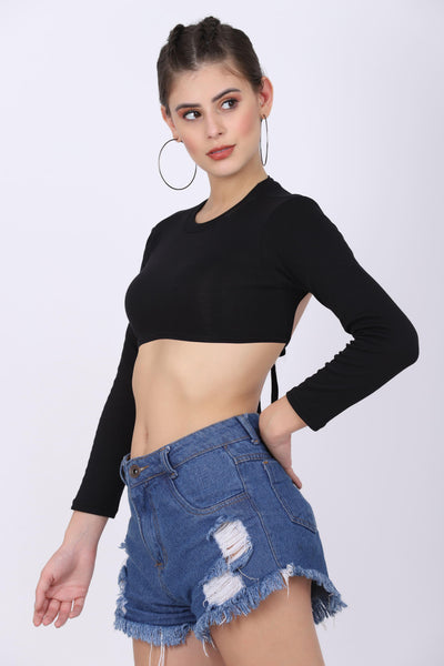 Black Backless Crop Top |Backless Long sleeve top| Sexy Crop Tops| – Starin